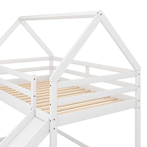 House Shape Bunk Bed with Slide and Ladder, Twin Over Twin Low Wooden Bed Frame with Guardrails for Teens Girls Boys, White (White)