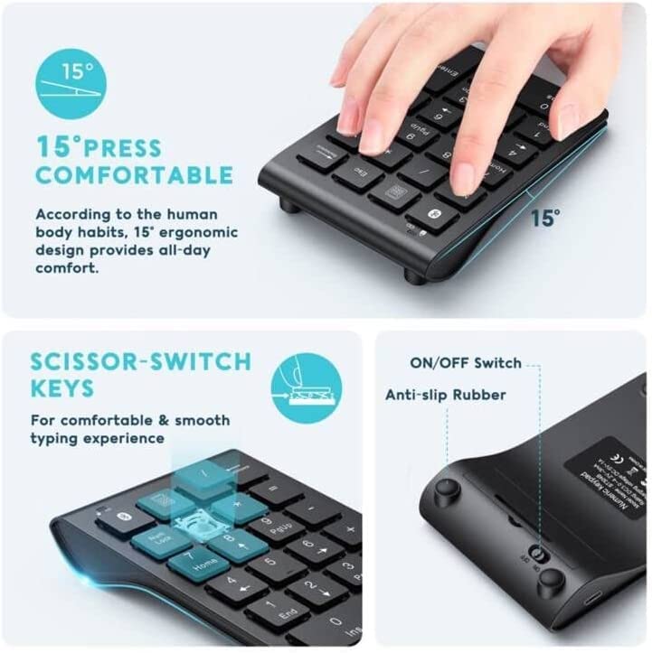 Bluetooth Number Pad for Laptop, Acedada Wireless Number Pad, USB C Rechargeable, 22-Keys Bluetooth 10 Key Numeric Keypad for Laptop, Computer, Mac, MacBook Air/Pro, iPad, Windows