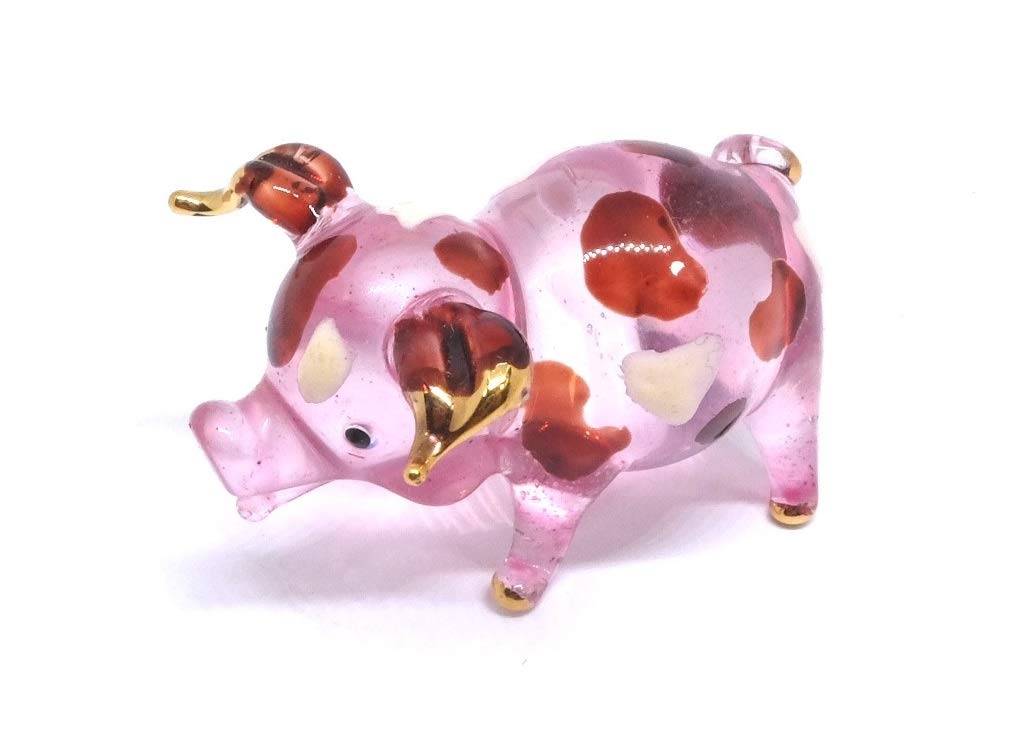 Handmade Mini 2" Blown Glass Pig Figurine, Pink with 22K Gold Accents, Gift Ideas, Fantasy Cool Stuff Decor No.2