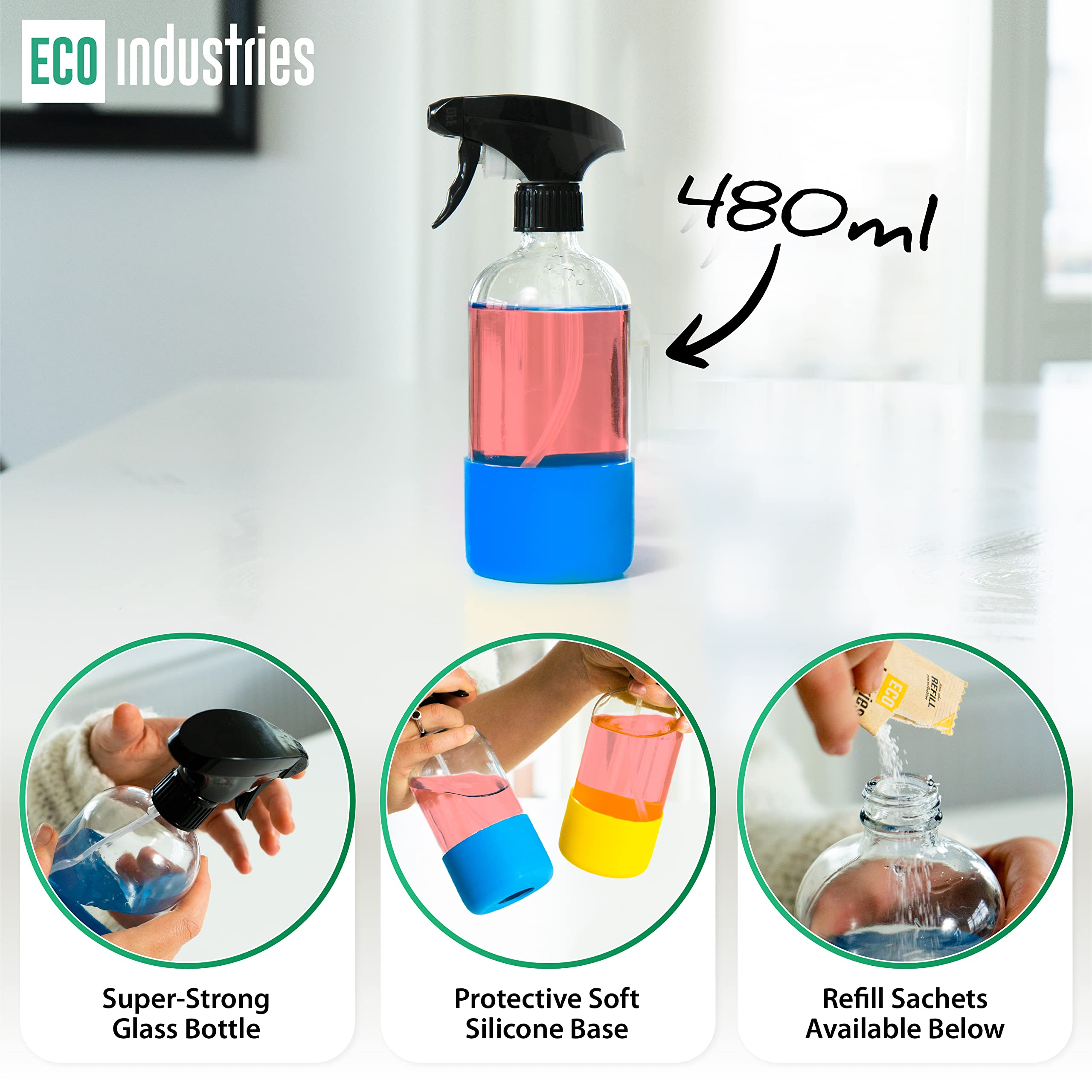 Eco Industries Glass Cleaning Spray Bottle x5 16oz | Refillable Spray Bottle With Premium Trigger Head & Silicone Sleeve Protection | Cleaning Spray Bottle For Essential Oils, Plants, Cleaning