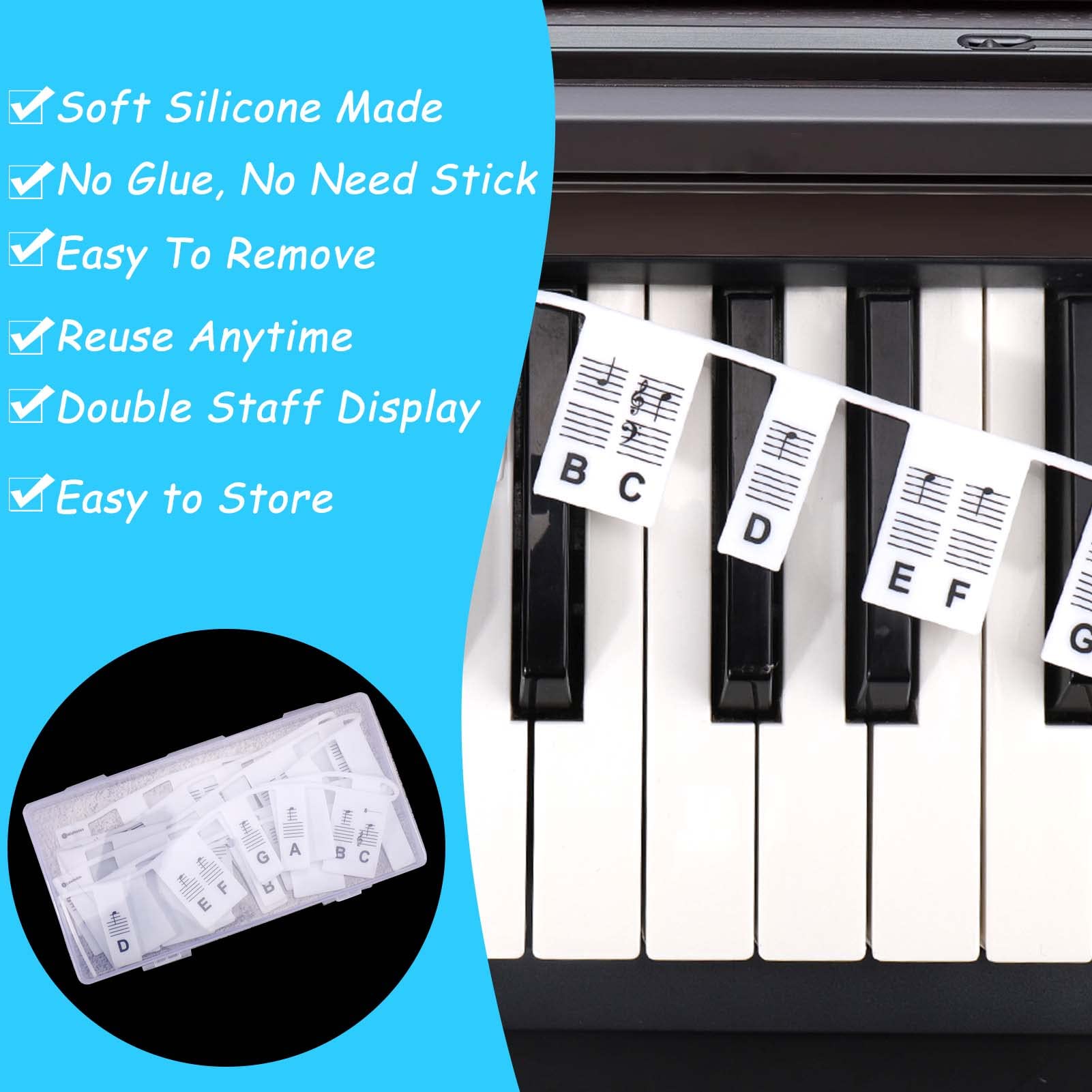 BUSOHA Silicone Piano Keyboard Stickers for Beginners, Removable Piano Keyboard Note Labels for Learning, Full Size Keyboard 88 Keys,Double Staff Display