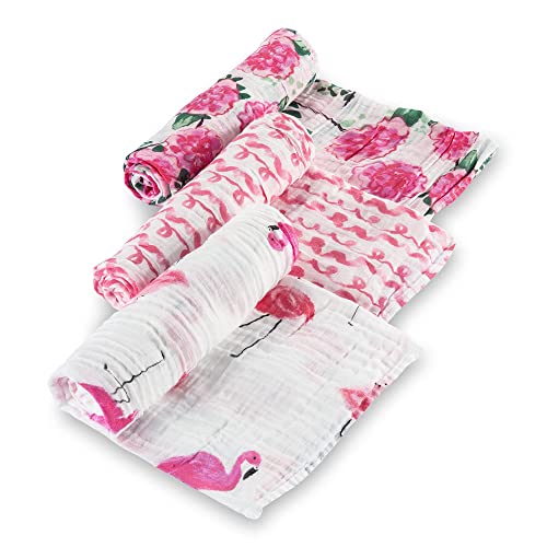 LollyBanks Swaddle Blanket | 100% Muslin Cotton | Newborn and Baby Nursery Essentials for Girls, Registry | Flamingo and Flower 3 Pack