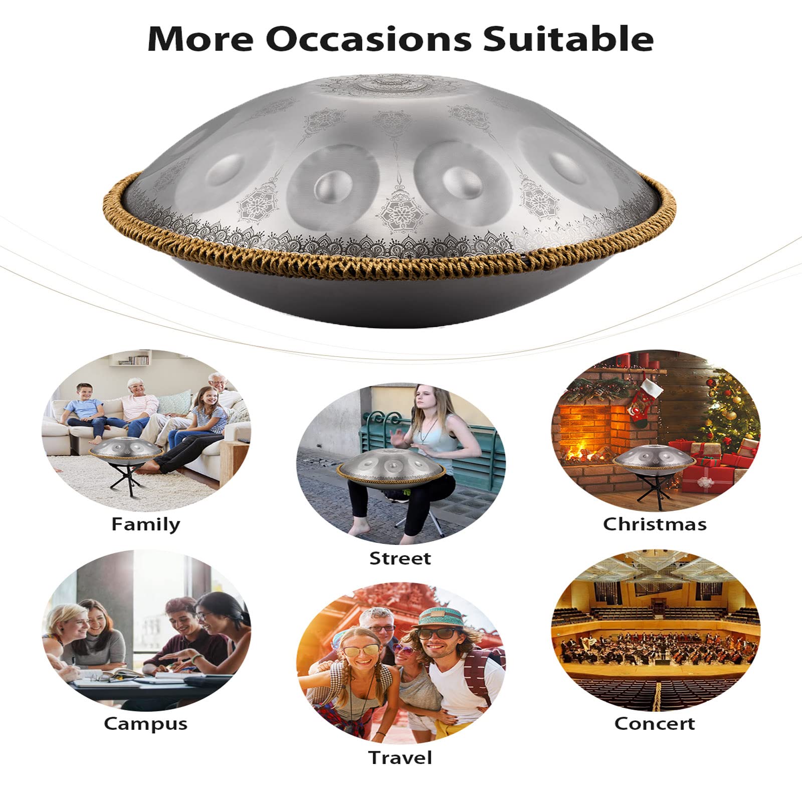 Handpan-Premium 432HZ 22 Inches 10 Notes D Minor Steel Hand Pan Drum Set,Silver Print Adults Handpan Drum