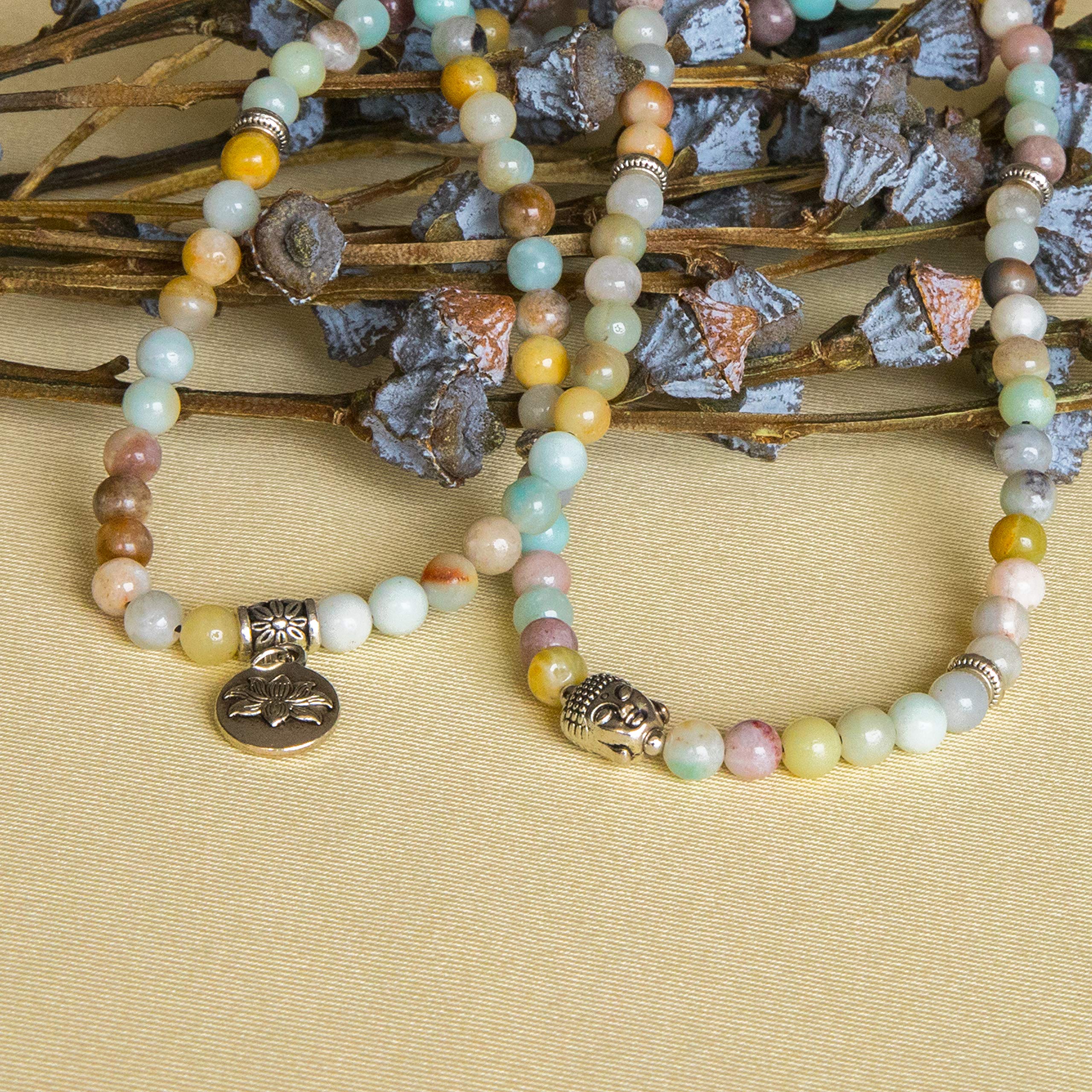 Bivei 108 Mala Beads Necklace Beaded Wrap Bracelets Genuine Gemstone Mala Prayer Beads Lotus Charm Yoga Meditation Necklace - -Amazonite