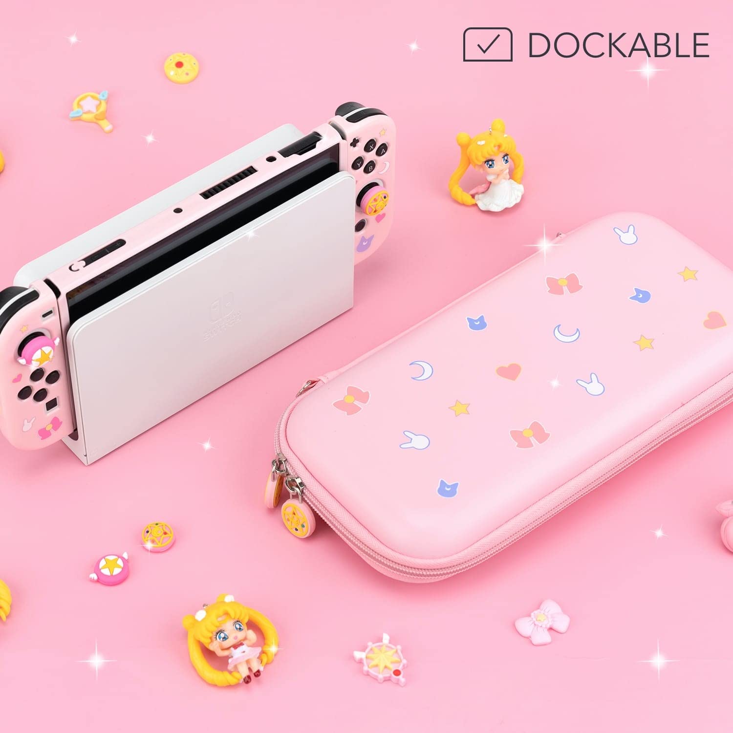 BelugaDesign Anime Moon Bundle | Pink Pastel Carry Case Shell Cover Thumb Grips | Cute Kawaii Magical Girl Japanese Travel Protective Set | Compatible with Nintendo Switch OLED