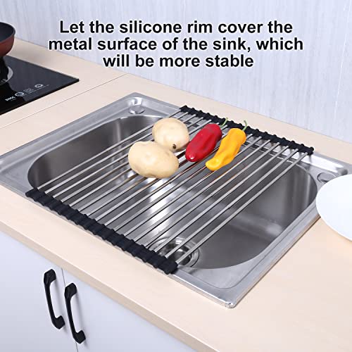 Expandable Roll up Dish Drying Rack for Kitchen from 11β to 20β, Foldable Over-The-Sink Dish Drying Rack Space-Saving, Multipurpose Rolling Rack for Sink with Large Capacity, 13''x(11''~20''), Gray