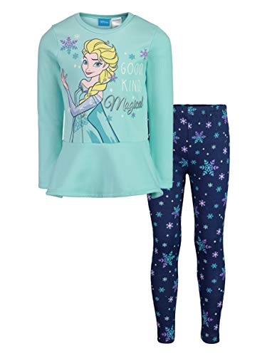 Disney Frozen Elsa Big Girls Fleece Long Sleeve Graphic T-Shirt and Leggings Outfit Set Turquoise/Blue 8