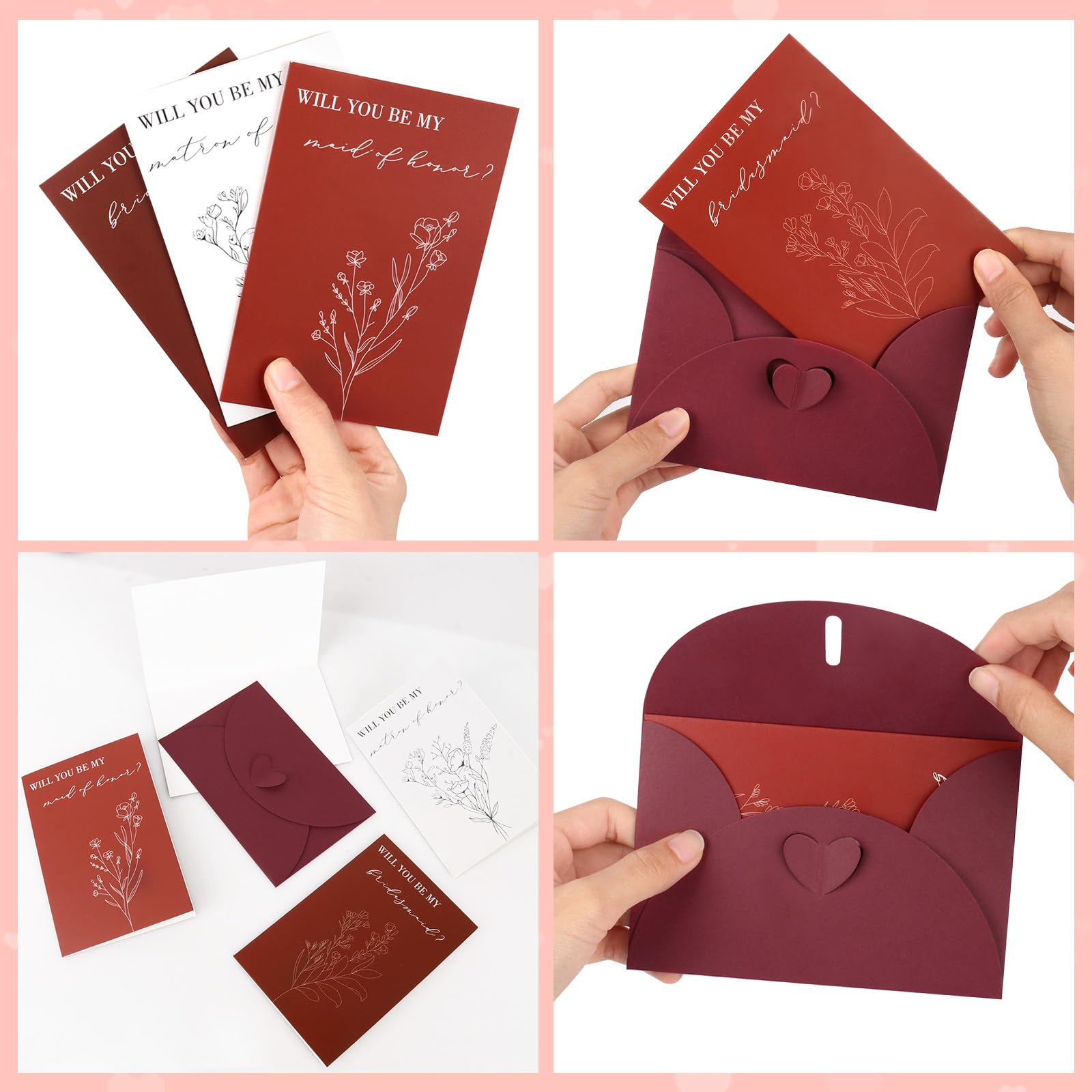 Eaezerav Bridal Shower Games Will You Be My Bridesmaid Cards with Envelopes, 16 Pcs Bride to Be Cards for Wedding Party Proposal (wine red)