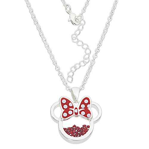 Disney Jewelry for Women and Girls Minnie Mouse July Birthstone Ruby Red Cubic Zirconia Shaker Pendant Necklace, Silver Plated, 18+2" Extender