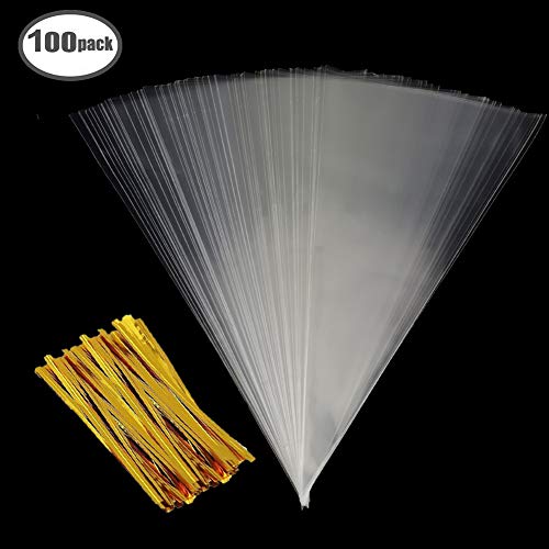 COOLAKE Clear Cone Bags 100PCS Cellophane Triangle Clear Treat Bags with Gold Twist Ties for Christmas Candy Popcorn Handmade Cookies Sweets Crafts 14.5β by 7β