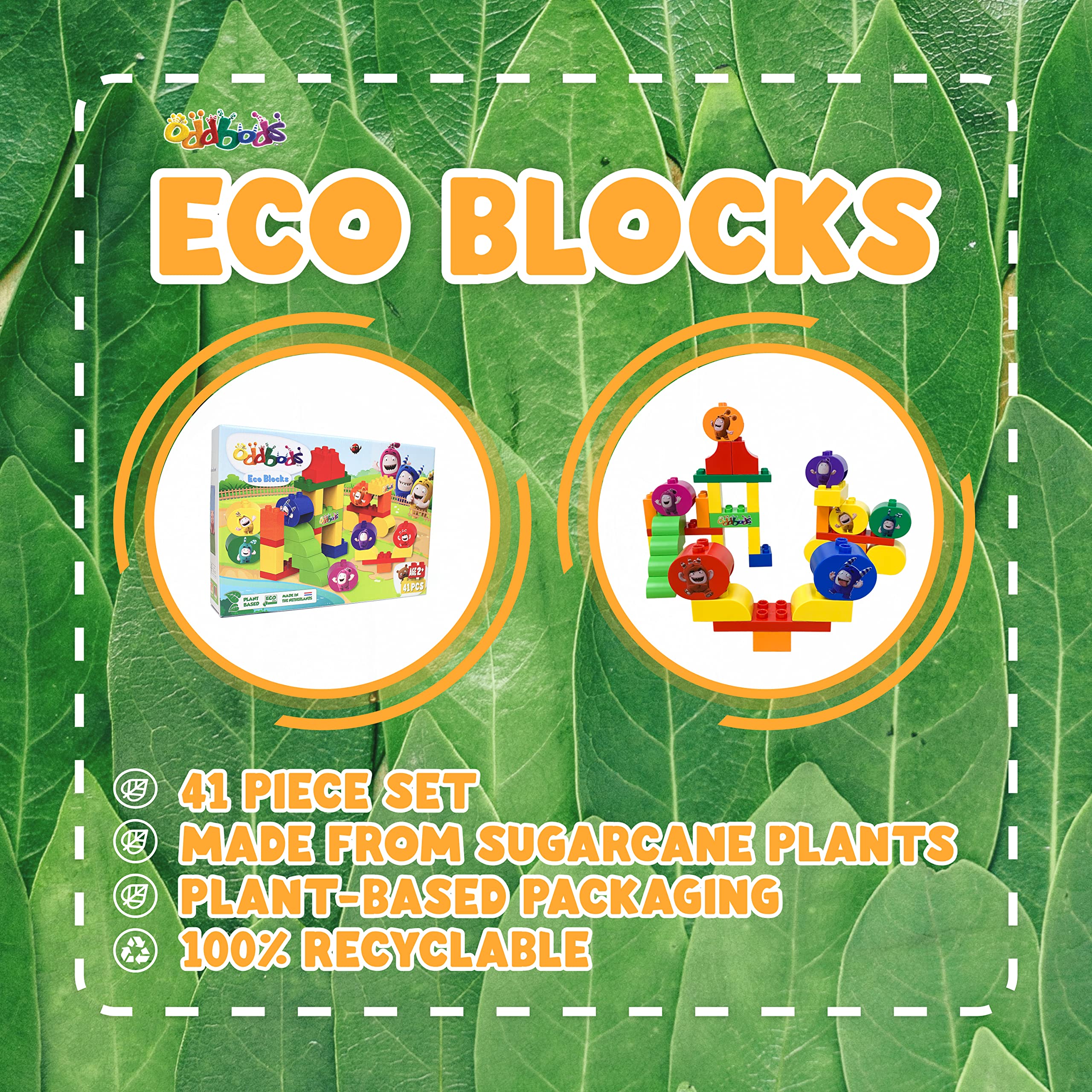 ODDBODS Eco Blocks, Sugarcane Plant-Based Building Block Toys for Toddlers and Preschool Kids, Compatible with Other Building Block Toys, Multicolor, 41 Piece Starter Set