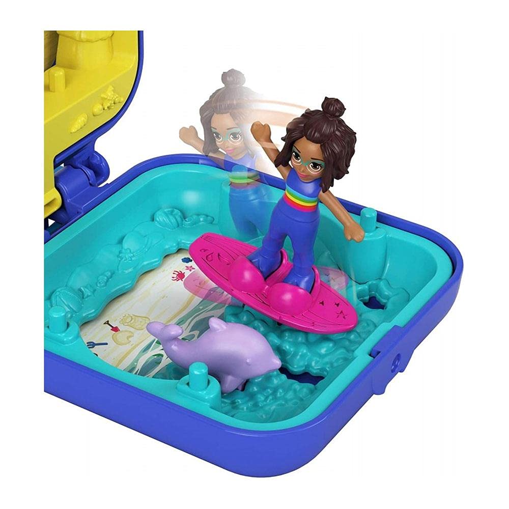 Polly Pocket Shani Tropical Beach Compact with Mobile Ice Cream Cart, Surfboard, Dolphin Figure, Photo Customization, Micro Shani Doll & Sticker Sheet; for Ages 4 Years Old & Up