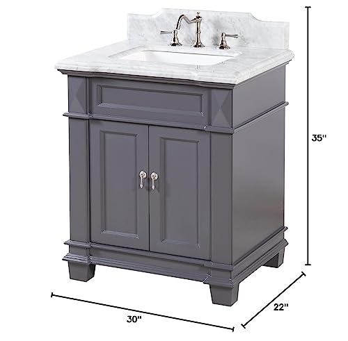 Elizabeth 30-inch Bathroom Vanity (Marine Gray/Carrara): Includes Marine Gray Cabinet with Authentic Italian Carrara Marble Countertop and White Ceramic Sink