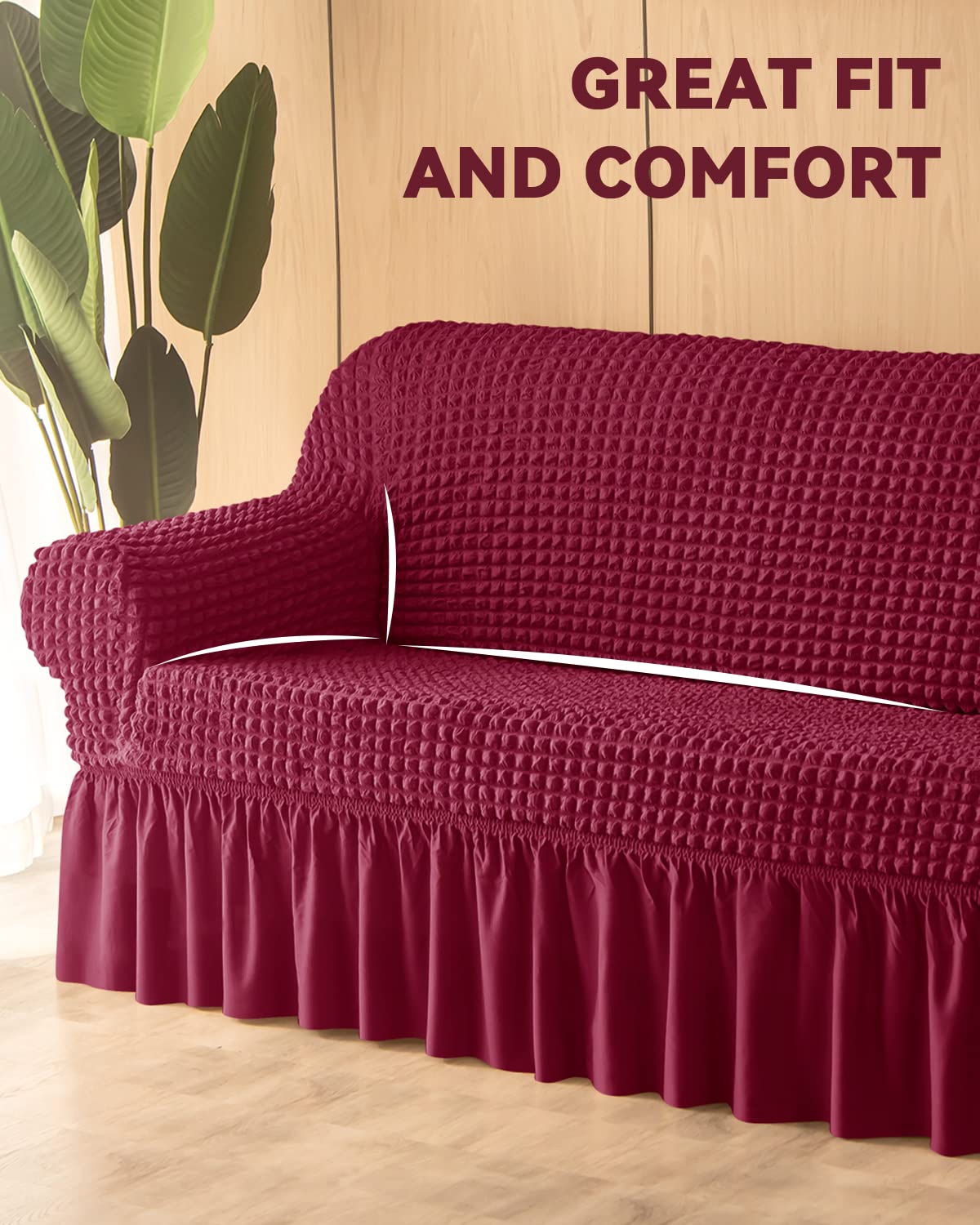 BLUESURGE Sofa Slipcover 1 Piece for 3 Cushion Couch Cover with Skirt, Durable Washable High Elastic Stretchable, Easy Fit Universal Furniture Protector (3 Seater, Maroon)