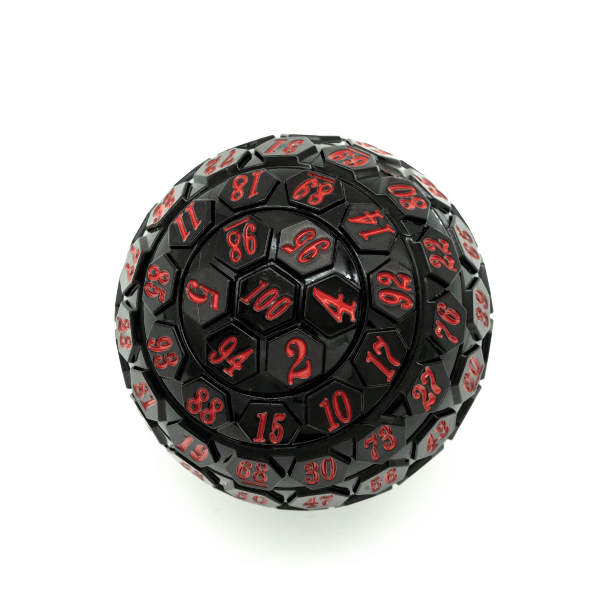 Poludie 100 Sided Polyhedral Dice, Single D100 Game Dice, 100 Sided Cube with Black Pouch, D100 die 48 mm (Black with Red Number)