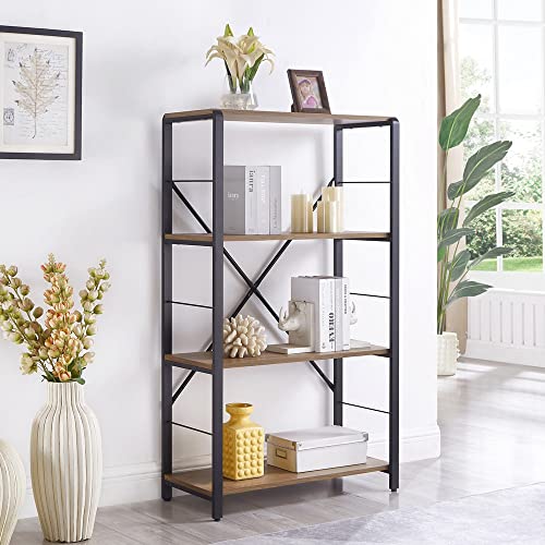 FOLUBAN 4 Tier Open Bookshelf, Vintage Free Standing Book Shelf, Rustic Wood and Metal Bookcase for Home Office, Oak