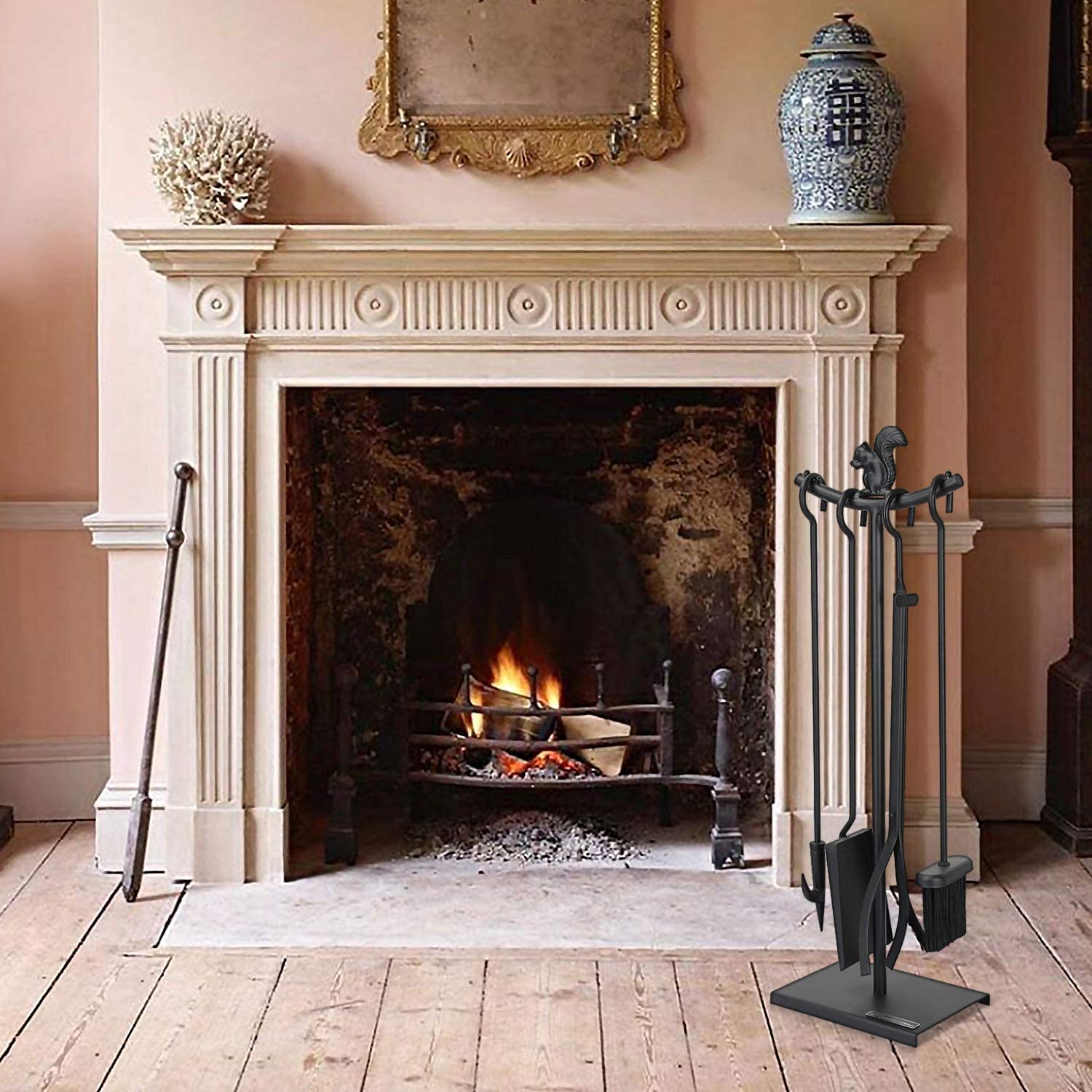 MYFIREPLACEDIRECT 5 Pieces Fireplace Tools Sets Strength Wrought Iron Indoor Outdoor Fire Place Toolset Hearth Accessories Kit (Black Squirrel w/Gloves)