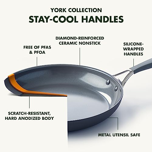 GreenPan York Hard Anodized Healthy Ceramic Nonstick 8" and 10" Frying Pan Skillet Set, Durable Forged Base, Scratch Resistant, Ergonomically Designed Silicone-Wrapped Handles, PFAS-Free, Gray