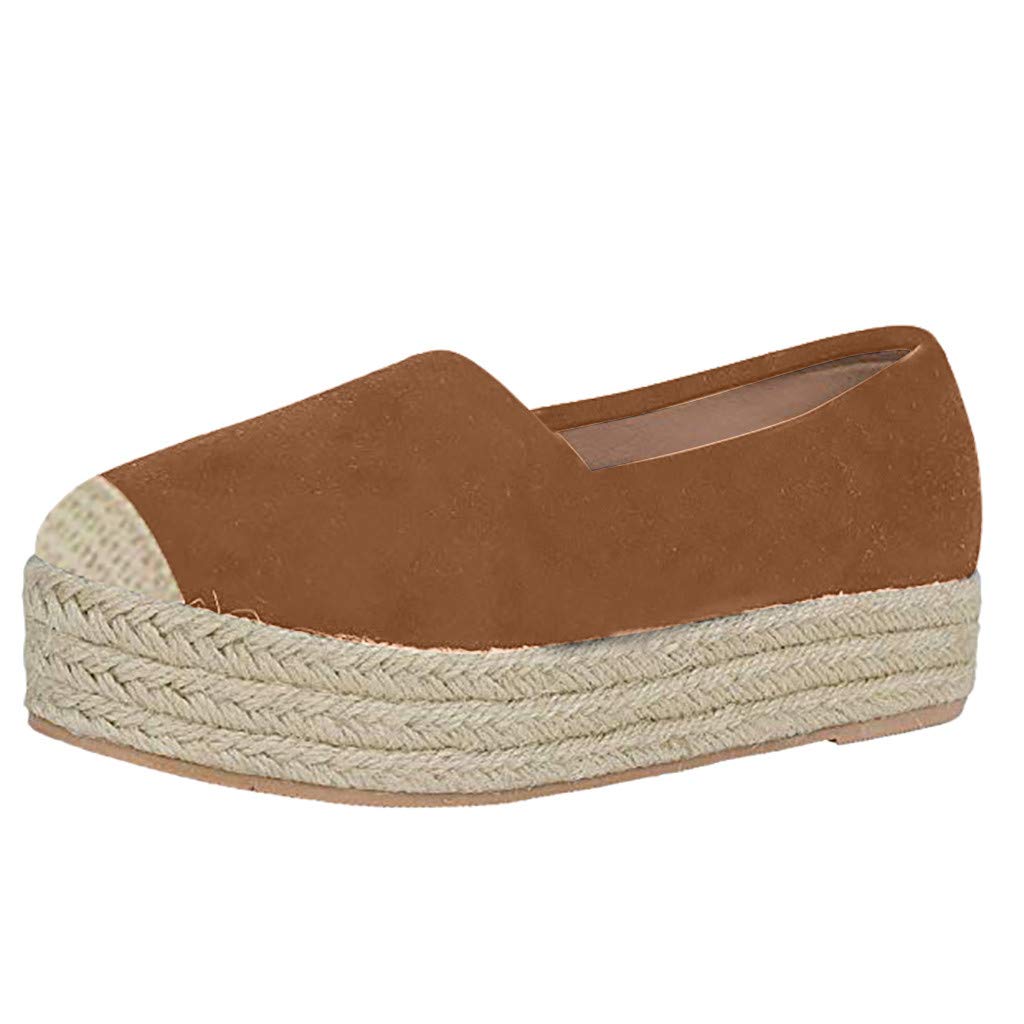 NEARTIME?Women's Platform Shoes, Fashion Grass Weaving Outdoor Slip On Round Toe Casual Flats Boat Shoes Brown