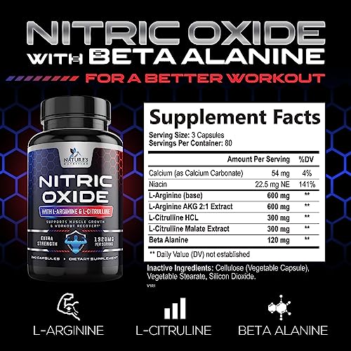 Extra Strength Nitric Oxide Supplement L Arginine 3X Strength - Citrulline Malate, AAKG, Beta Alanine - Premium Muscle Supporting Nitric Oxide Booster for Strength & Energy Supplements - 240 Capsules