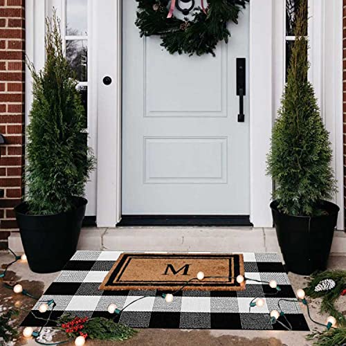 HOYIJA Buffalo Plaid Rug 2'×3'Outdoor/Indoor Black and White Checkered Samll Area Rug,Retro Cotton Woven Check Washble Entryway Front Porch Decor Rugs for Layered Welcome Front Door Mats
