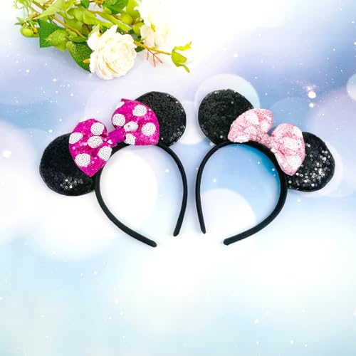 CENTSTAR Mouse Ear Headband, 2 Pcs Shiny Bows Hairband for Birthday Parties, Mouse Themed Events