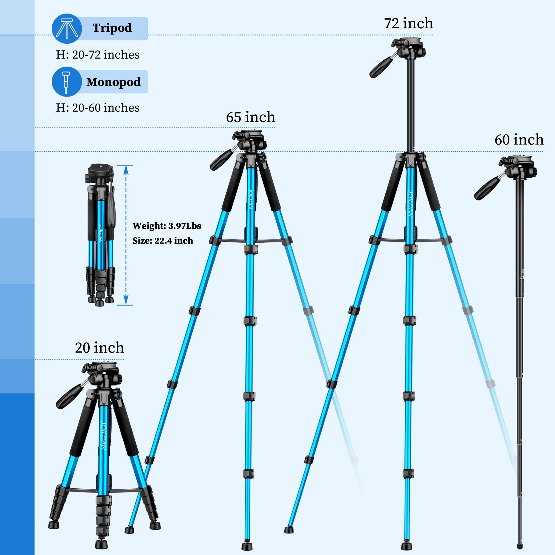 Camera Tripod, 72” Tripod for Camera Stand, Aluminum Heavy Duty Tripod for Video Photo, 5 in 1 Travel Camera Tripod & Monopod Compatible with Canon Nikon Cameras DSLR Camcorder Projector Phone