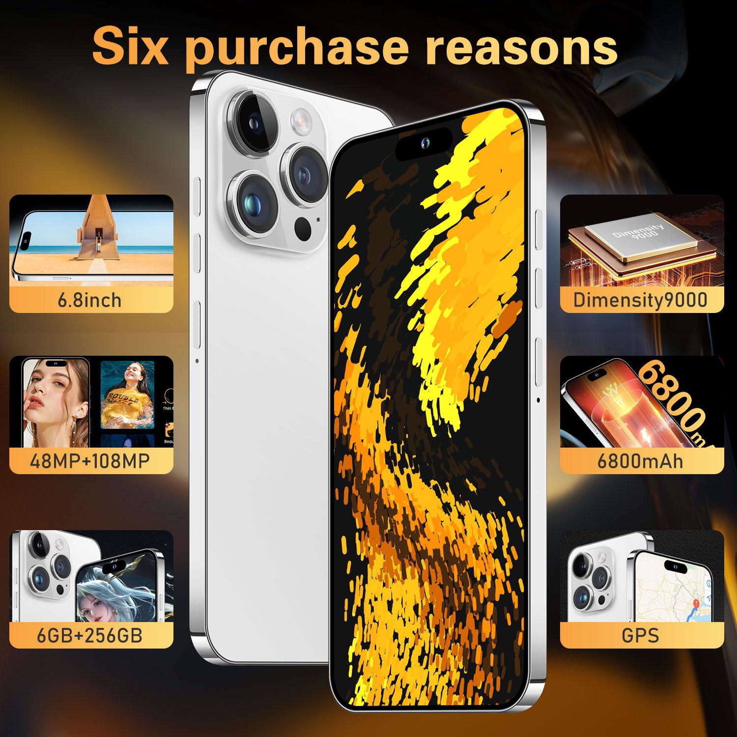 BDWJW 6GB+256GB Fully Unlocked Cell Phone for Android 13, 6.8" Unlocked Cell Phone, 6800mAh, 48MP+108MP Dual Camera/Dual SIM/Fingerprint Lock/Face ID 5G Phone
