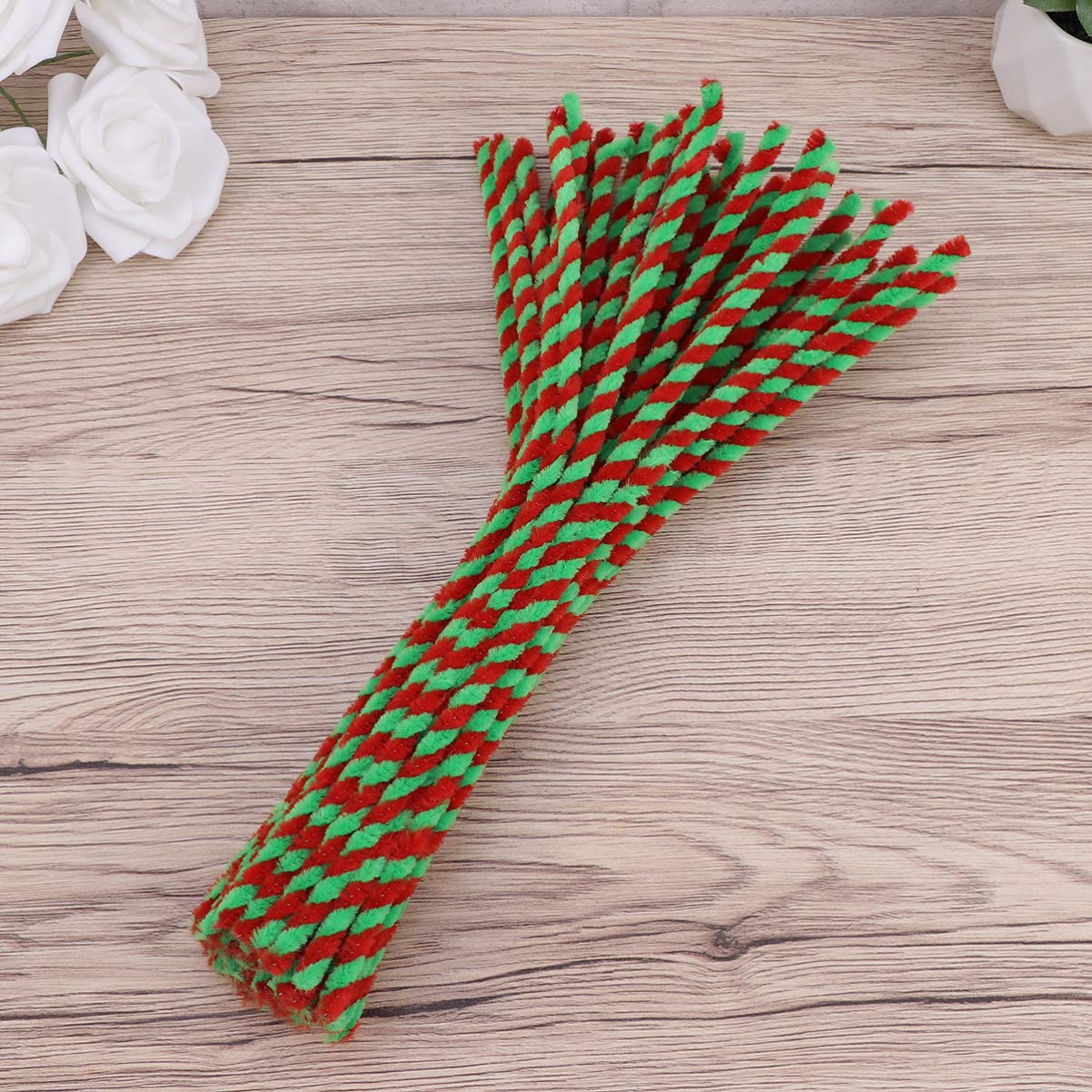 Happyyami 50pcs Christmas Cleaners Striped and Glitter Chenille Stem for Art and Crafts Creative Crafts Decorations Red and Green