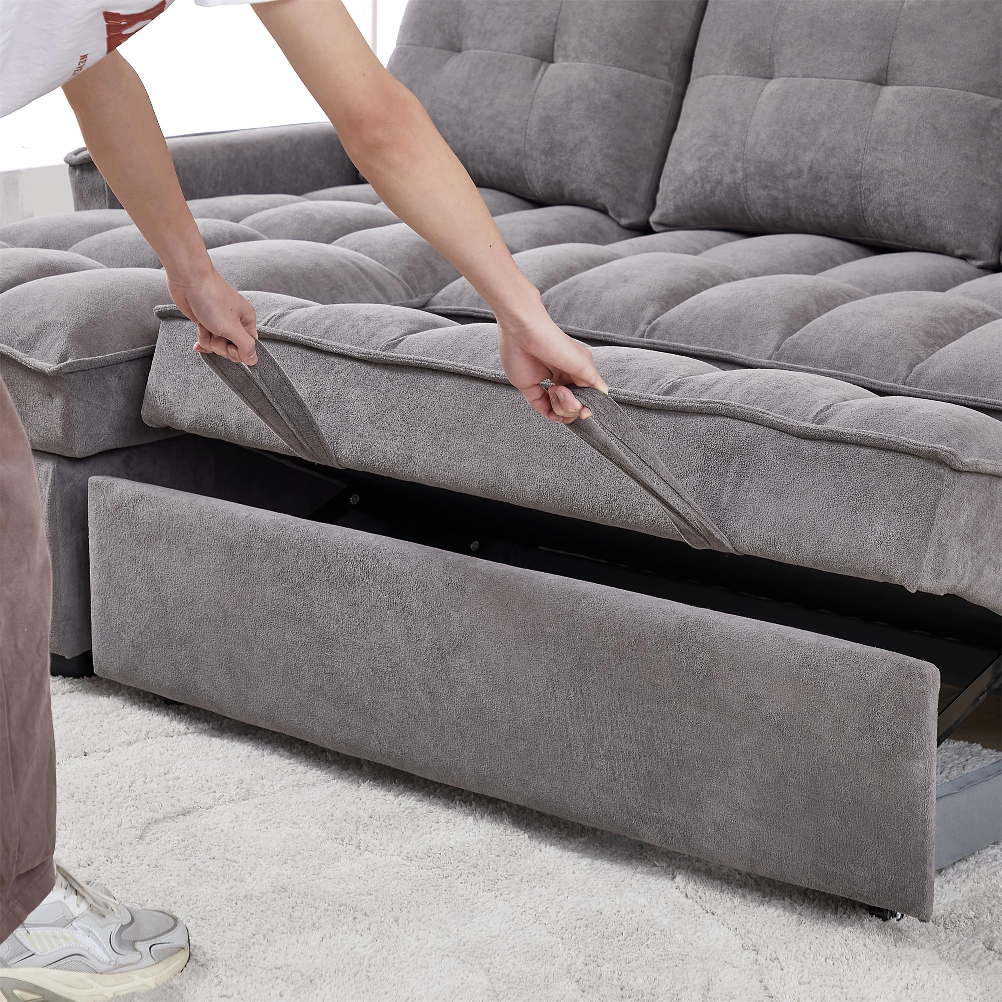 Convertible Chair Bed, 3 in 1 Convertible Sofa Bed Sleeper Sofa with Storage Chaise & Side Pocket, Built-in Charging Station, L-Shaped Couch in Chenille, Pull Out Sofa Bed Couch for Living Room, Beige
