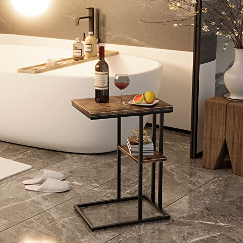 Easy Paws C Table End Table, Couch Side Table, C Shaped End Table for Sofa, Small Side Table Rustic Snack Table for Small Spaces, Living Room, Bedroom(Brown)…