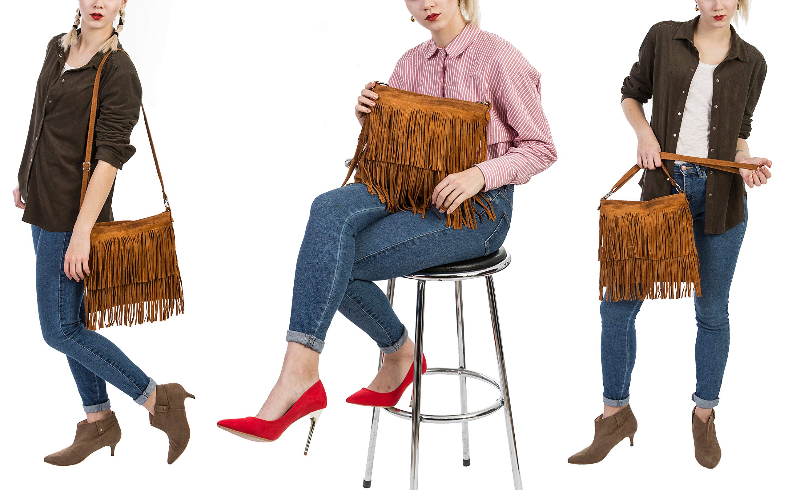 LiaTalia Womens Fringe Handbag - Real Italian Suede Leather - Tassle Effect Shoulder Bag in Medium Size - ASHLEY [Electric Blue]