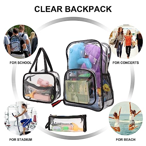 DZLUSJ 3Pcs Clear Backpack Set With Lunch Bag Pencil Case Pouch Heavy Duty Thick PVC Transparent Backpack for Kids and Fans Back to School Supplies(Black)