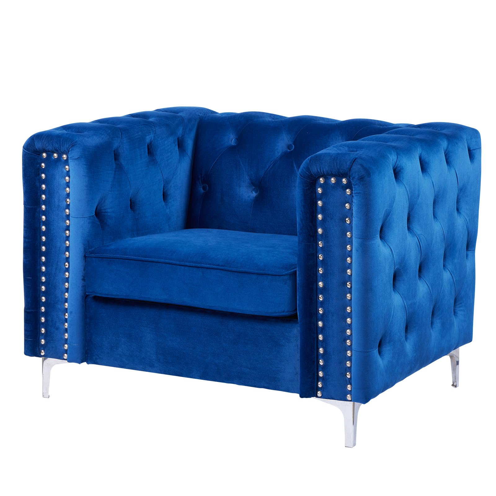 EBELLO Velvet Tufted Sofa, Modern Upholstered Mid-Century 3 Seater Couch Sofa with Thick Padded Seat Cushion and Solid Steel Feet, for Living Room, Bedroom, or Small Space, Blue