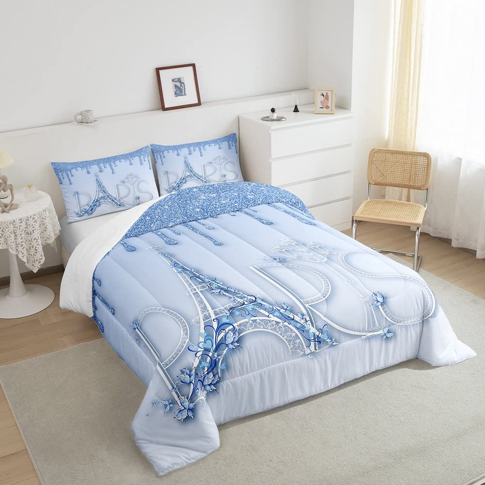 Paris Comforter Set Twin Size,Eiffel Tower Floral Quilt Set 2pcs for Kids Girls Women Boys Room Decor,Blue White Gradient Glitter Bedding Set Romantic Chic French Duvet Insert,1 Pillowcase