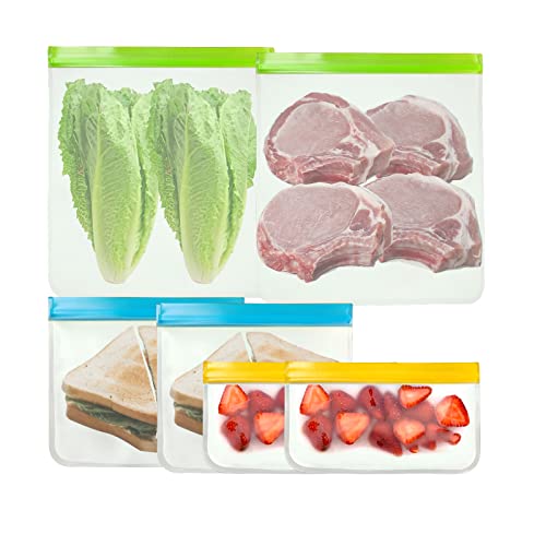 Food Storage Bags,6 Packs Reusable Freezer Bags Leakproof,BPA Free PEVA Reusable Gallon Bags,Sandwich Bags,Snack Bags