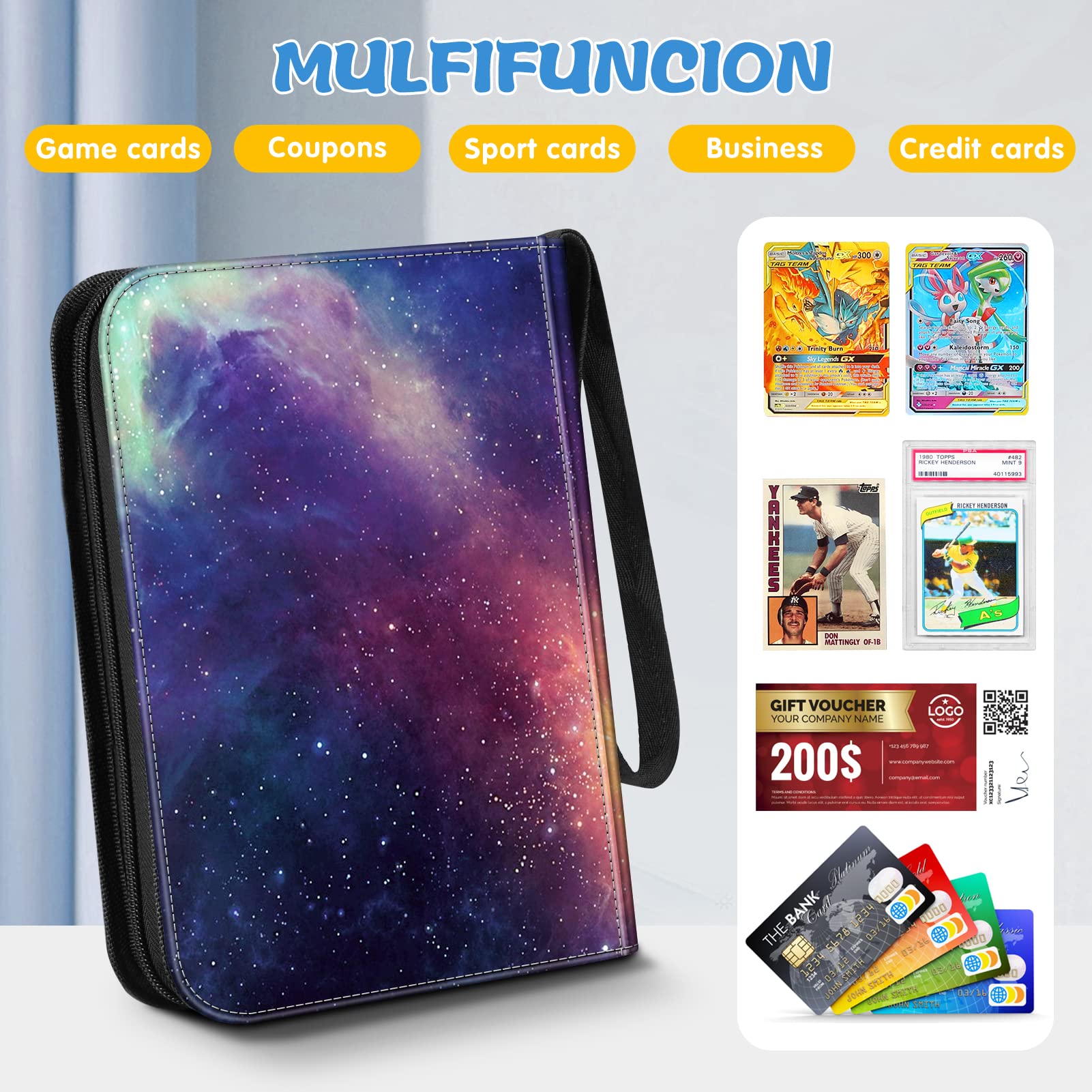 CaseBot Trading Card Binder, Card Binder Collect Holder Case Fits 208 Cards with 52 Sleeves, Album Folder Carrying Case for TCG, Galaxy