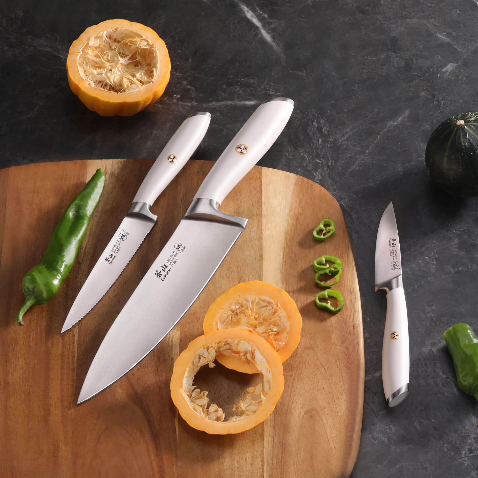 Cangshan L1 Series 1026924 German Steel Forged 3-Piece Starter Knife Set, White