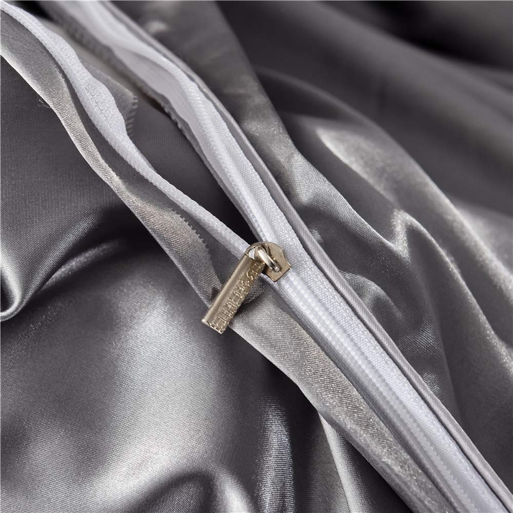 Grey Gray Luxury Silk Bedding Set. Include Silk Duvet Cover, Silk Pillow Sham and Silk Fitted Sheet. Satin Silk, Silk Blend Fabric. No Comforter or Duvet Insert Included. Full/Queen Size.