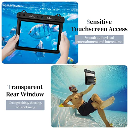 MoKo Waterproof Tablet Case Compatible with Fire HD 8/Fire 7, iPad Mini 6/5/4/3, Galaxy Tab Pro 8.4, Tab S2/Tab E/Tab A 8.0 8.4 Up to 8.5",Stand Holder Dry Bag for Bathroom Kitchen Stand Pouch, Black
