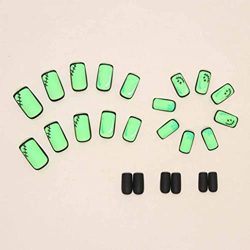 Foccna Comic Press on Nails Medium, Acrylic Fake Nails Square Cartoon False Nails Green,Artificial Nails for Women and Girls- 24 pcs