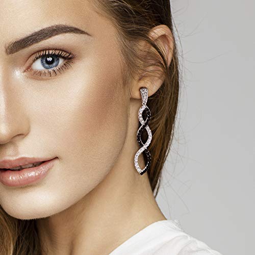 Black White Cubic Zirconia Pave Long Romantic Infinity Twist Drop Earrings For Women Prom Cocktail Party CZ Silver Plated Brass