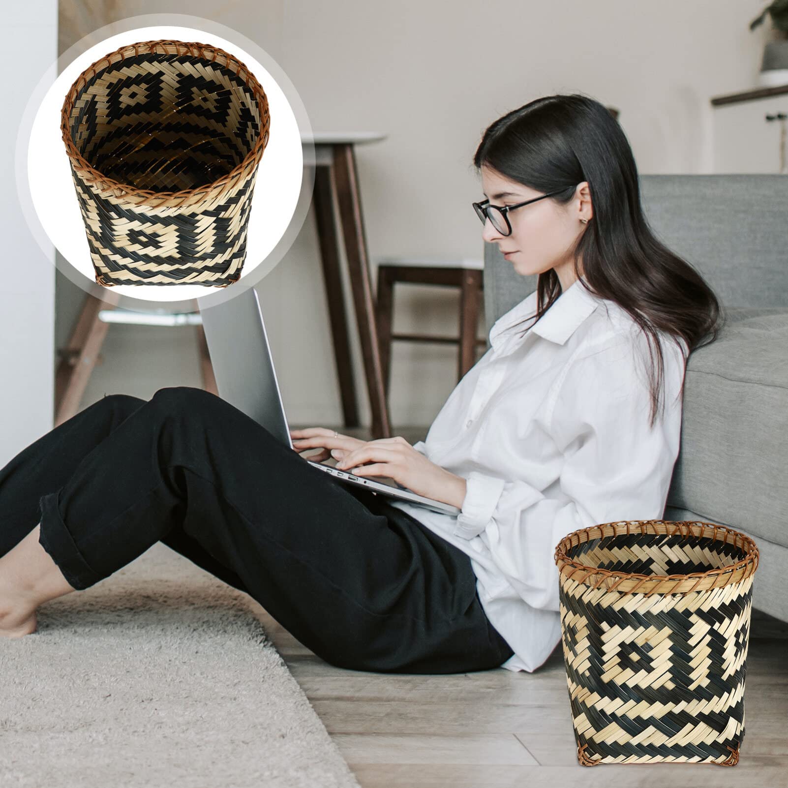 DOITOOL Bamboo Trash Can Woven Basket Decor Dirty Clothes Basket Woven Trash Can Waste Paper Basket Flower Arrangement Basket Bamboo Weaving Basket Bamboo Woven Basket Waste Paper Holder