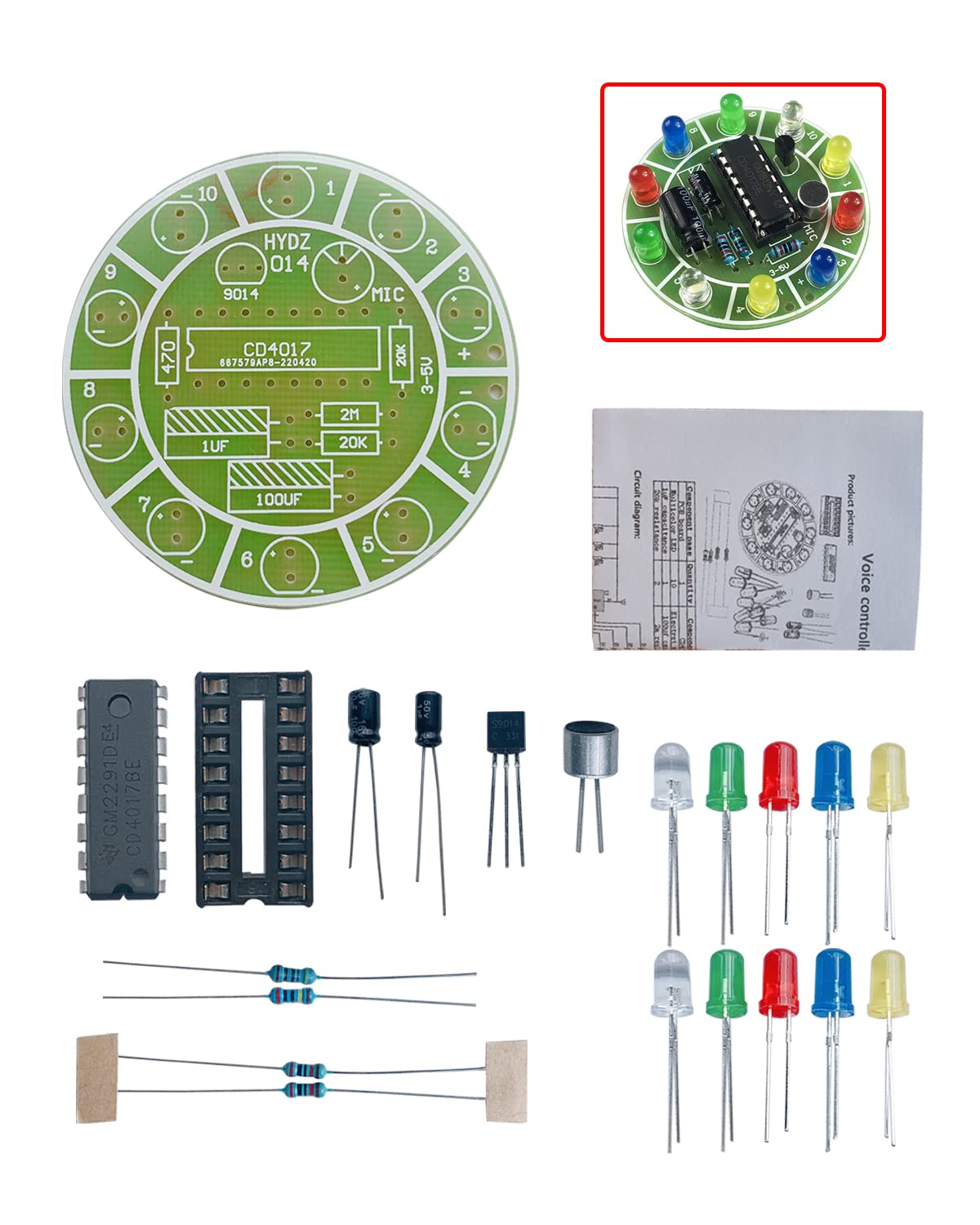 Cermant CD4017 LED Lights Rotating Colorful with Voice Control Electronic Manufacturing DIY Kit for Spare Parts Student Laboratory Attached with English Instructions