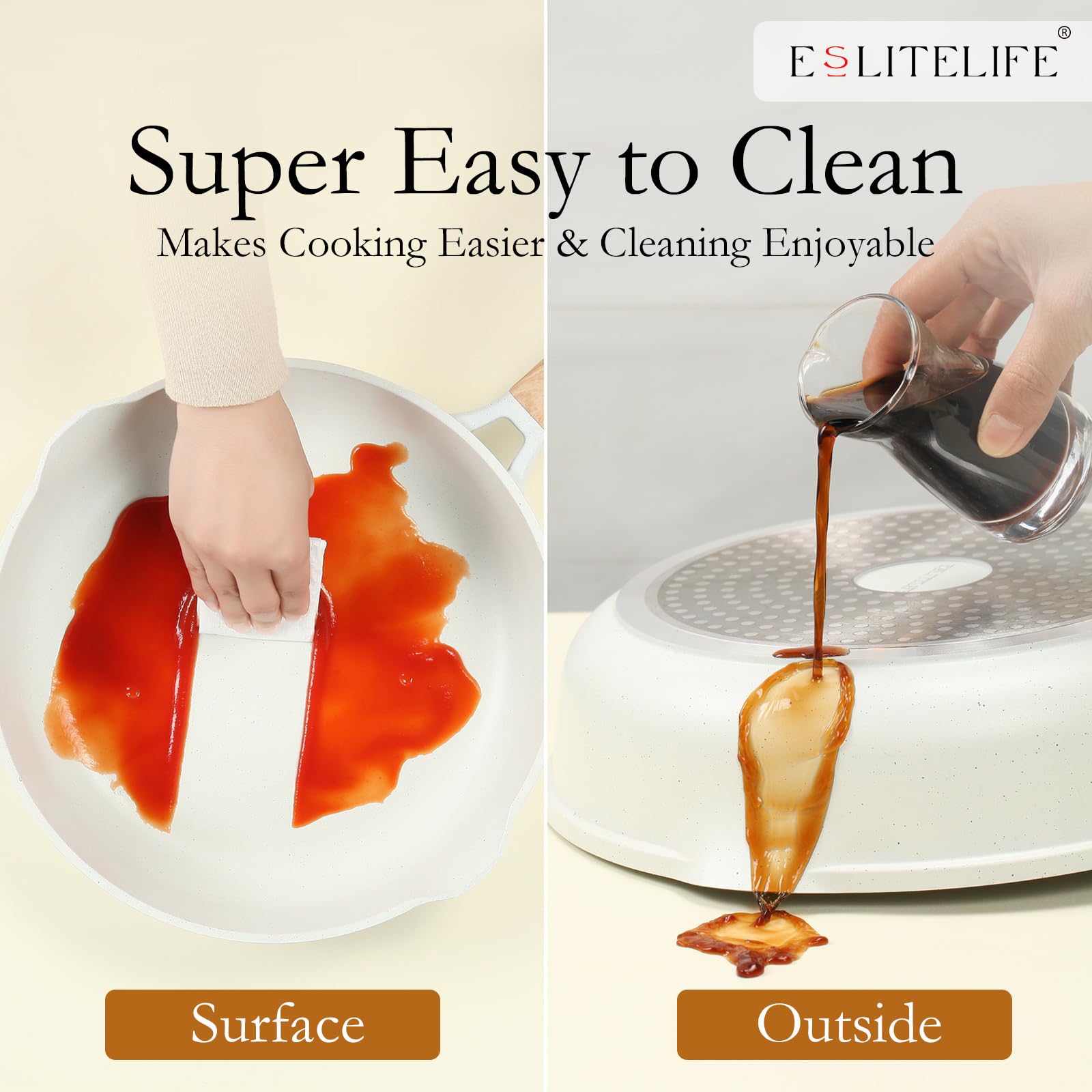 ESLITE LIFE Nonstick Frying Pan Skillet with Lid, Healthy Granite Coating Egg Omelette Pan Stone Cookware Chef's Pan, PFOA Free(Cream, 8" w/Lid & Spatulas)