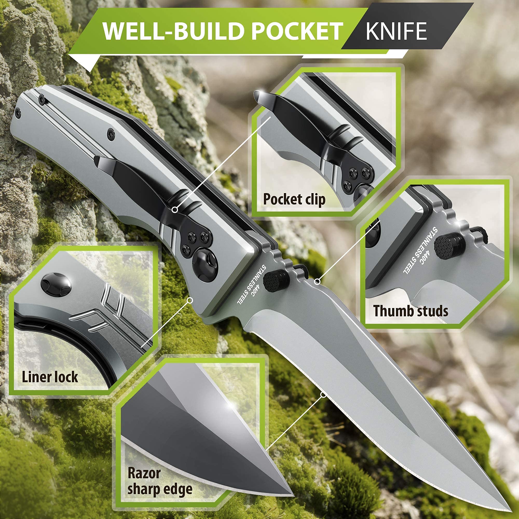 Bundle of 4 Items - Pocket Folding Knife - Military Style - Folding Knife - Tactical Knife - EDC Fold Knives - Sharp Blade Knifes - Best Pocket Knife for Urban Work Hobby Unboxing - 18,5 Machete
