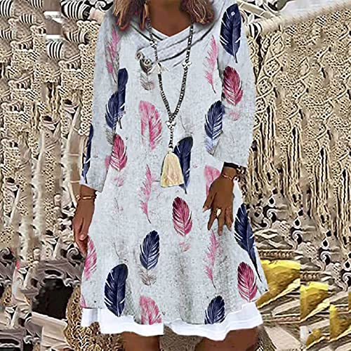 Button Cross V Neck Swing Dress for Women Pattern Printed Loose Flowy Dress Patchwork Feather Printed Dress White