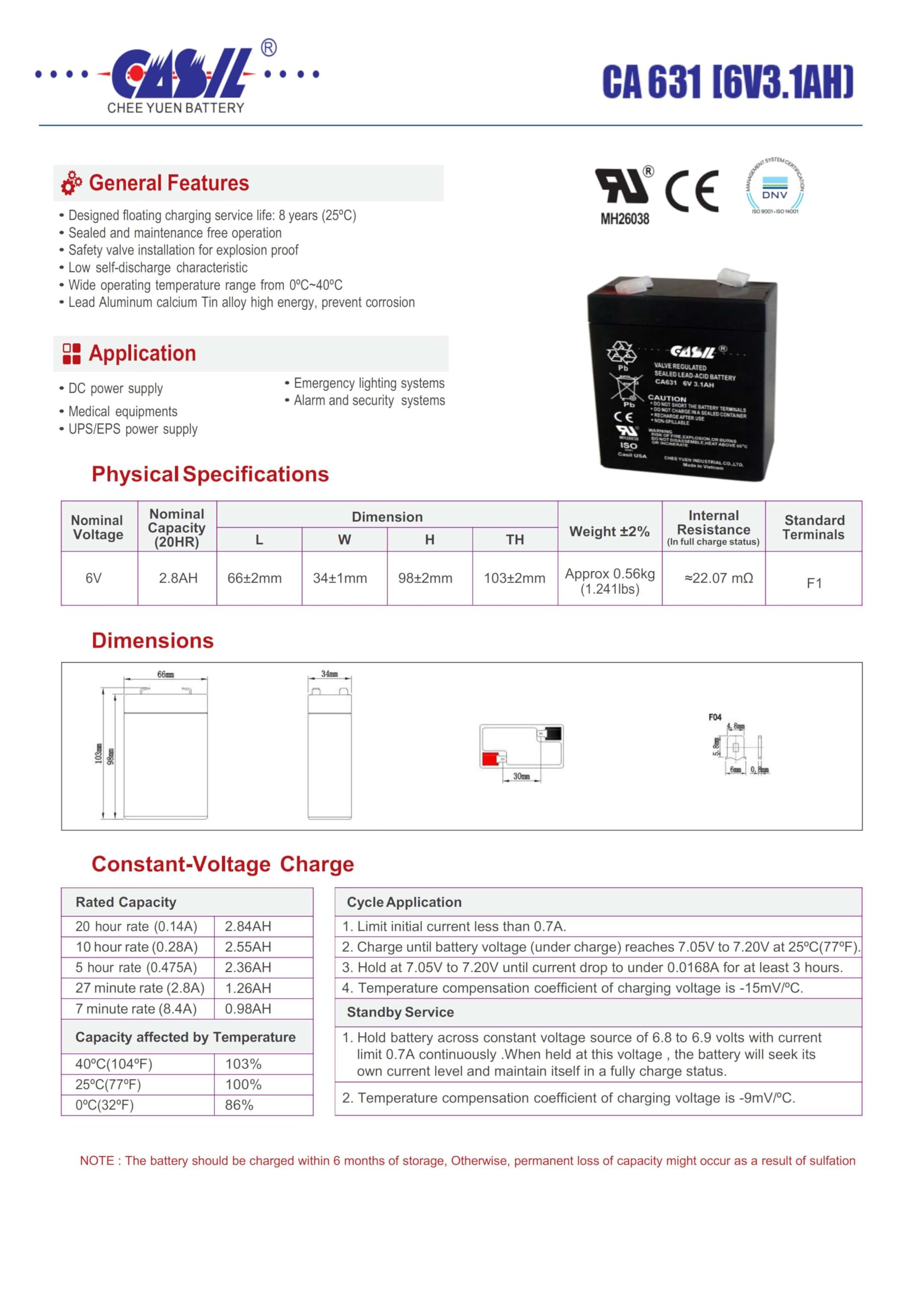 Casil Honeywell Genuine CA631 6V 3.1Ah SLA Battery for 7845GSM-K14139 (1)