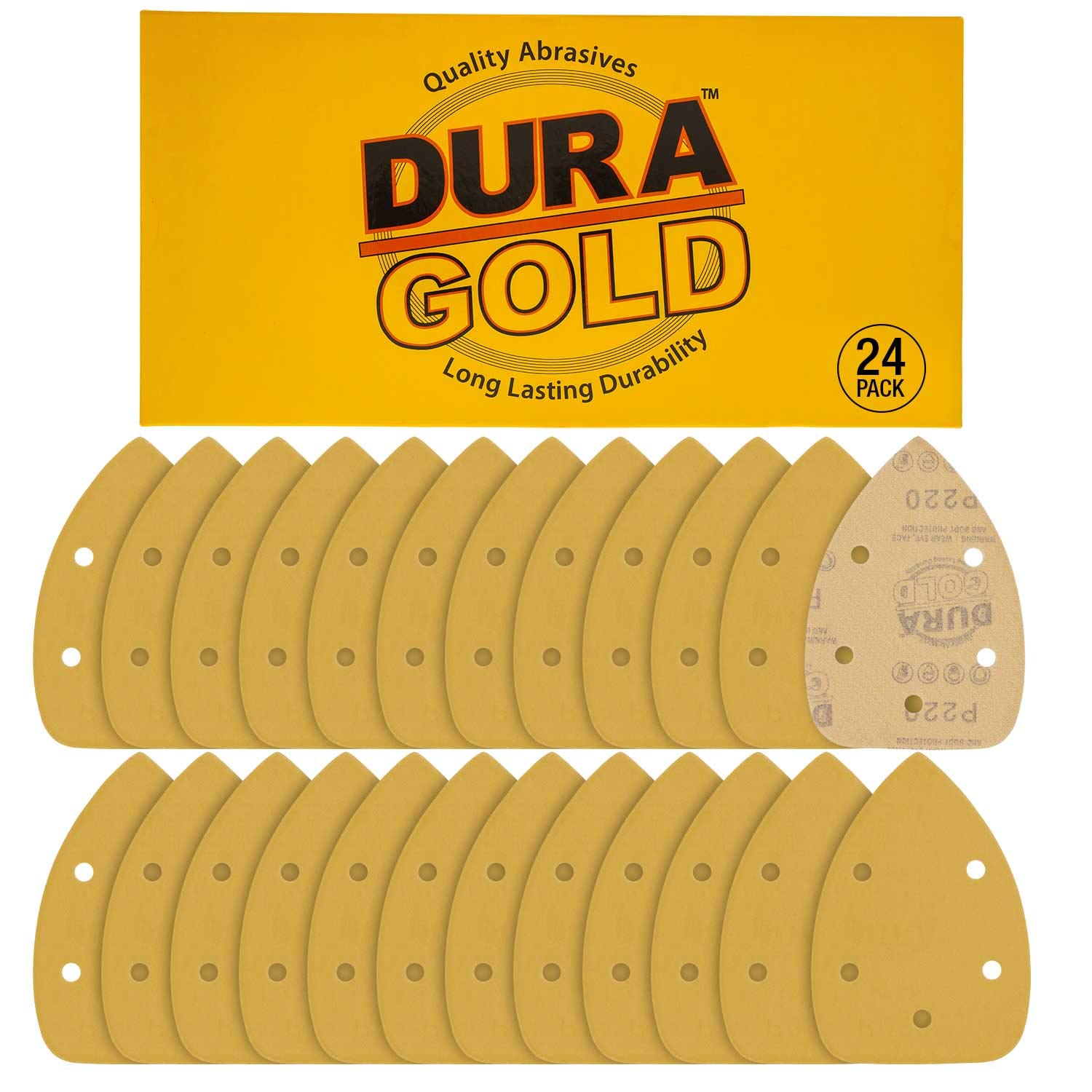 Dura-Gold Premium Mouse Detail Sander Sandpaper Sanding Sheets - 220 Grit (Box of 24) - 5 Hole Pattern Hook & Loop Triangle Mouse Discs - Woodworking Wood, Furniture Crafting, Sand Automotive Paint