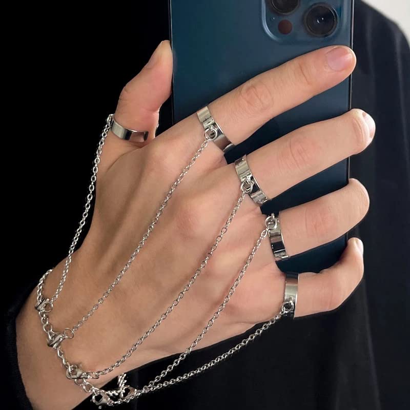 BENBIYO Chain Finger Rings Bracelet Adjustable Stainless Steel Silver Gothic Punk Cool Statement Stackable Rings for Eboy Egirls Women